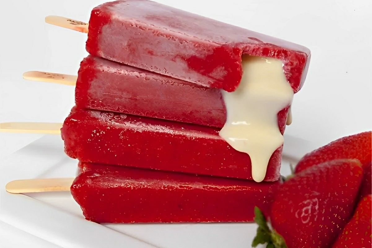 Picole caseiro de morango com recheio fica ótimo que você vai querer ...